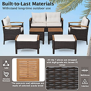 Tangkula 7 Pieces Patio Rattan Sofa Set, Outdoor Wicker Conversation Set w/Seat & Back Cushions, 2 Ottomans & 2 Coffee Tables, Acacia Wood Tabletop & Armrests, Wicker Sofa Set for Backyard, Poolside
