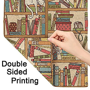 Moslion Book Garden Flag 12.5x18 Inch Cartoon Bookshelf with Cute Sleeping Cat Kitten in Library Yard Flag Burlap Banners Vertical Double Sided for Farm House Outside