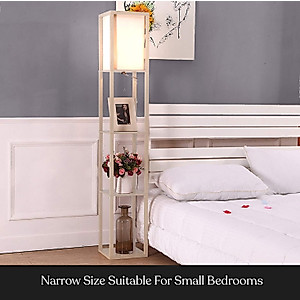 Brightech Maxwell - Modern Shelf Floor Lamp with Lamp Shade and LED Bulb - Coner Display Floor Lamps with Shelves for Living Room, Bedroom and Office - Rustic Wood