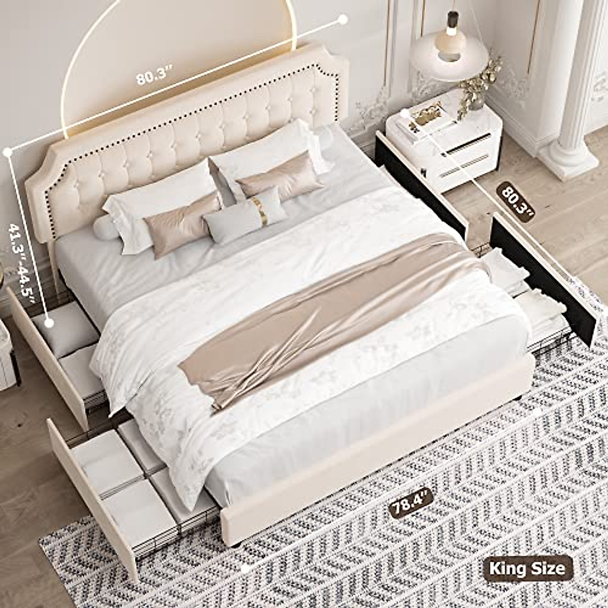King Bed Frame with Storage and Adjustable Headboard, Bed Frame with 4 Drawers and Wooden Slats Support, No Box Spring Needed, Velvet, Beige