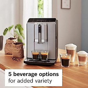 Bosch TIU20307 300 Series Fully Automatic Espresso Machine with Milk Express (in-cup frother), LCD + Touch Control Panel, OneTouch Milk-based Beverages and 5 Beverage Options, in Silver