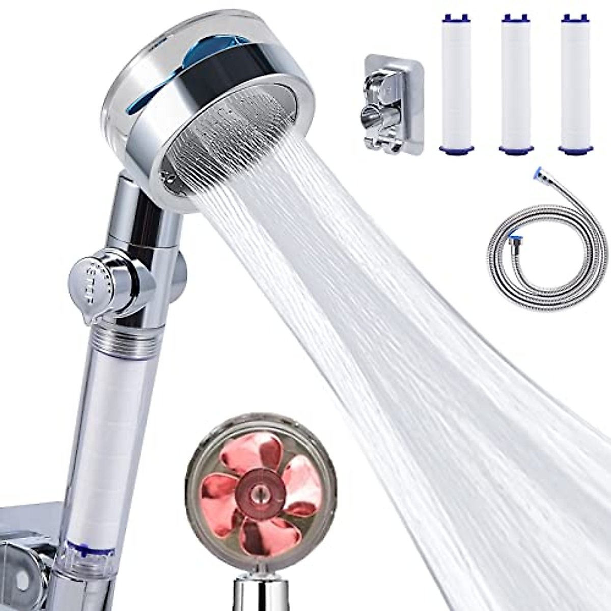 Handheld Turbocharged Pressure Propeller Shower with Adjustable water flow and filter - Upgrade Propeller Driven High-pressure shower head 360 Degrees Rotating with pause switch (Red Premium Suit)