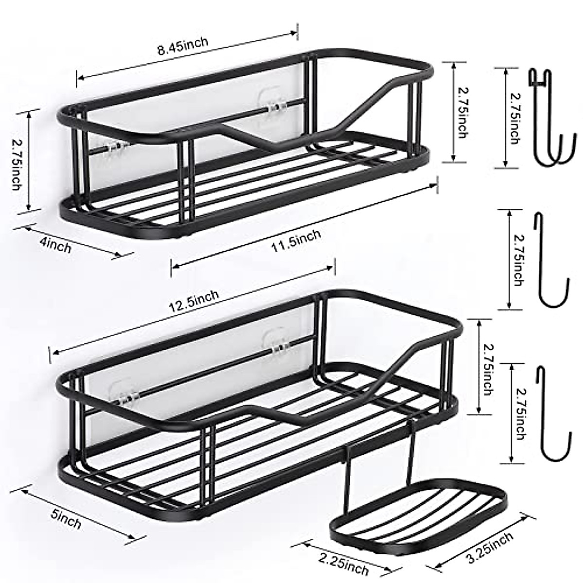 MXARLTR Adhesive Shower Caddy Shower Shelves, Shower Shelf for Inside Shower, No Drilling Wall Mounted Shower Basket Shelf with 3 Hooks, Kitchen Spice Rack Bathroom Shower Organizer 3 Pack, Black