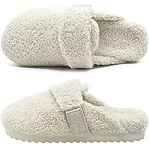 ONCAI Womens Fluffy Slippers,Cute Sherpa Faux Fur Scuff Garden Slip on House Slippers with Polar Fleece Lining Memory Foam Footbed and Indoor/Outdoor Rubber Hard Soles White US Size 8