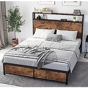 Queen Bed Frame with 2-Tier Storage Headboard, Platform Bed Frame Queen Size No Box Spring Needed, Metal Bed Frame Queen with Heavy Duty Steel Slats, Underbed Storage Space, Noise Free, Dark Brown