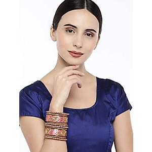 Aheli Traditional Wedding Designer Silk Thread Faux Stone Studded Bridal Bangle Set Chuda Indian Ethnic Bollywood Fashion Jewelry for Women (Pink)