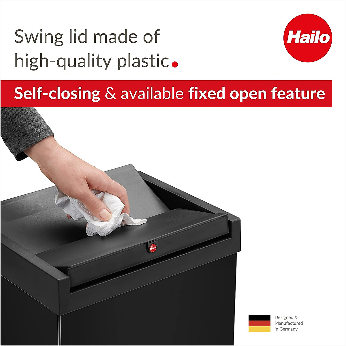 Hailo Big-Box Swing XL Waste bin | 1 x 52 liters / 13.7 gallons | Self-Closing Swing lid | Steel Sheet | Bin Liner Clamping Frame | Waste bin Kitchen Rectangular | Made in Germany | Black