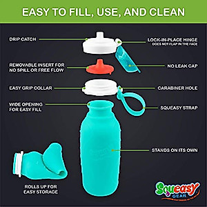 Aqua 16 oz Squeasy Snacker Spill Proof Silicone Reusable Food Pouch - for Both Soft Foods and Liquids - Water, Apple Sauce, Yogurt, Smoothies, Baby Food - Dishwasher Safe