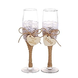 TANG SONG Set of 2 Wood Heart Style Elegant Wedding Champagne Glass Set for Parties Weddings Birthdays Anniversaries