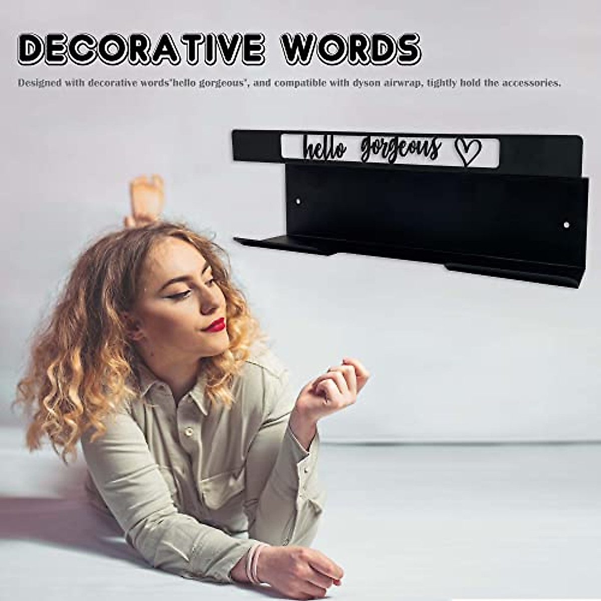 Storage Holder for Dyson Airwrap, Modern Curling Iron Accessories Rack Wall Mount, Metal Hair Wrap Styler Tools Holder with Hello Gorgeous Sign, Bathroom Organizer, Black
