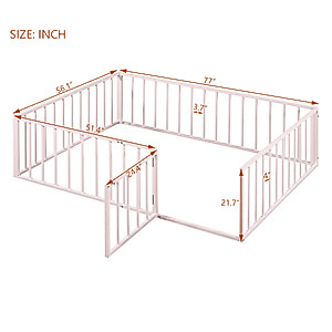 Merax Full Size Metal Floor Bed Frame with Safety Guardrails Fence and Door for Boys,Girls,Teens,Pink