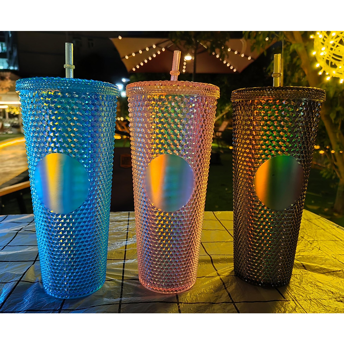 Studded Tumbler With Straw Tumblers With Lids And Straws Pink Tumbler With Straw Textured Cup BPA-Free Double-Wall Plastic Tumblers for Iced Coffee Cold Drinks or Water 24 Oz
