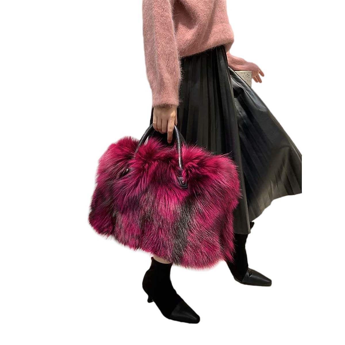 KAISHIN Women Full-pelt Fox Fur Shoulder Bags Ladies Genuine Cowhide Hard Handle Extra Large Handbags Rose
