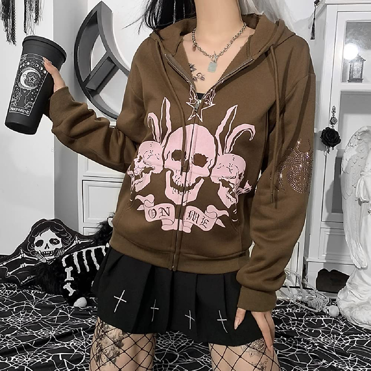 YEOU Women Rhinestone Y2K Spider Skeleton Hoodies Punk Jackets Streetwear Goth Harajuku Oversized Zip Up Hoodie Brown