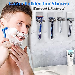 Fotosnow Razor Holder for Shower, Shaver Holder Hanger Wall Adhesive Shower Hooks Stand Stainless Steel Utility Hook Bathroom Kitchen Organizer-4 Packs