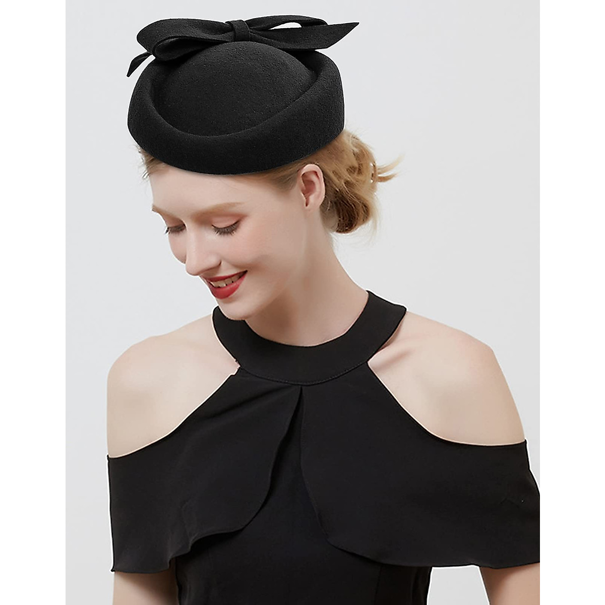 Z&X Wool Felt Fascinator Winter Women Elegant Pillbox Hat Bowknot Kentucky Derby Church Hat Retro Fedoras (032 Black), One Size