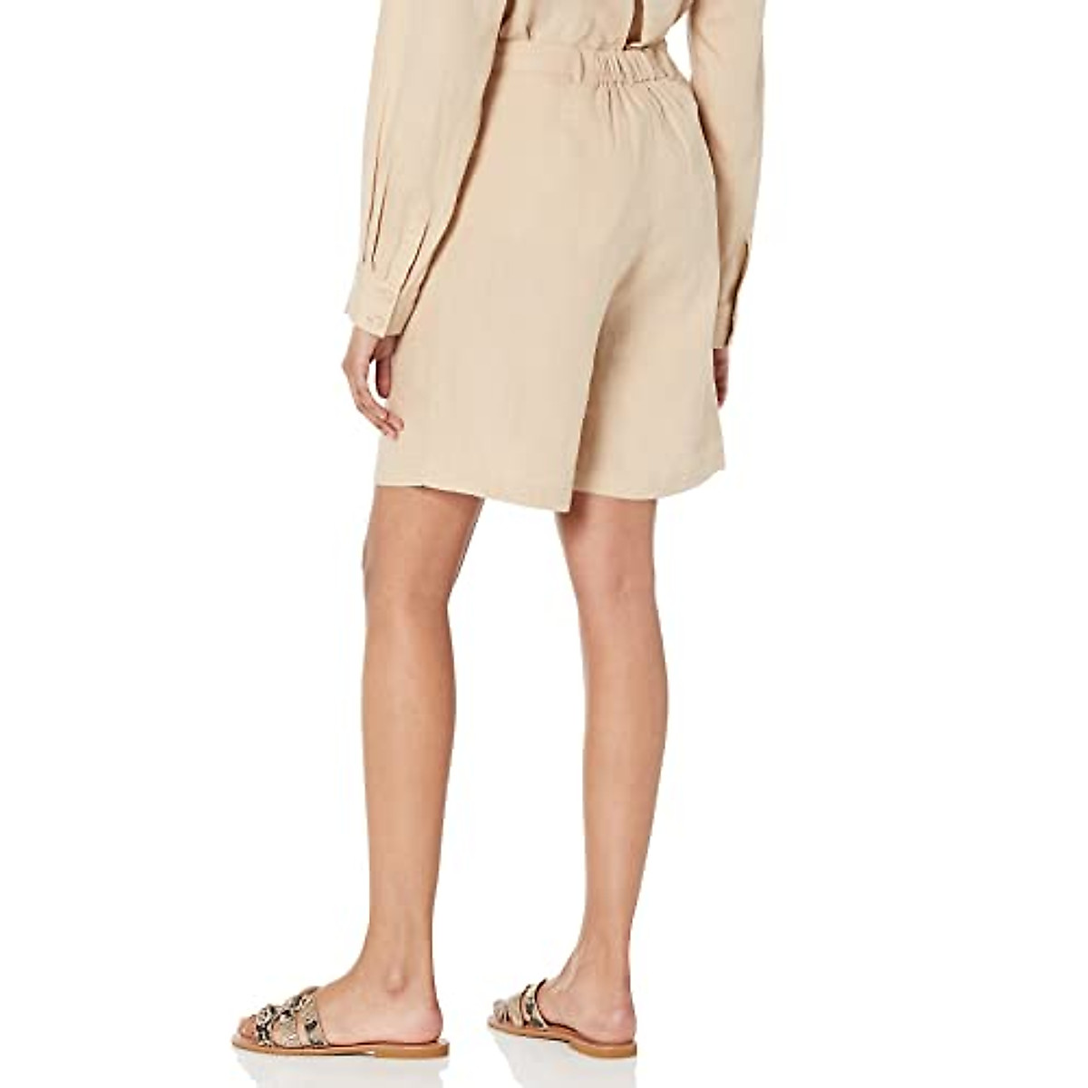 The Drop Women's Millie Loose-Fit Pleated Long Linen Walk Short, Hummus, M