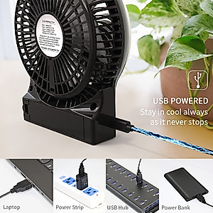 Mini Portable Battery Operated Desk Fan, Rechargeable & USB Powered Handheld Fan with Atmosphere Light & Flashlight, Strong Airflow, 3 Speeds, Small Personal Hand Held Fan for Desktop Camping (Black)