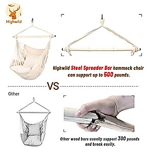 Highwild Hammock Chair Hanging Rope Swing - Max 500 Lbs - 2 Cushions Included - Steel Spreader Bar with Anti-Slip Rings - for Any Indoor or Outdoor Spaces (Beige)