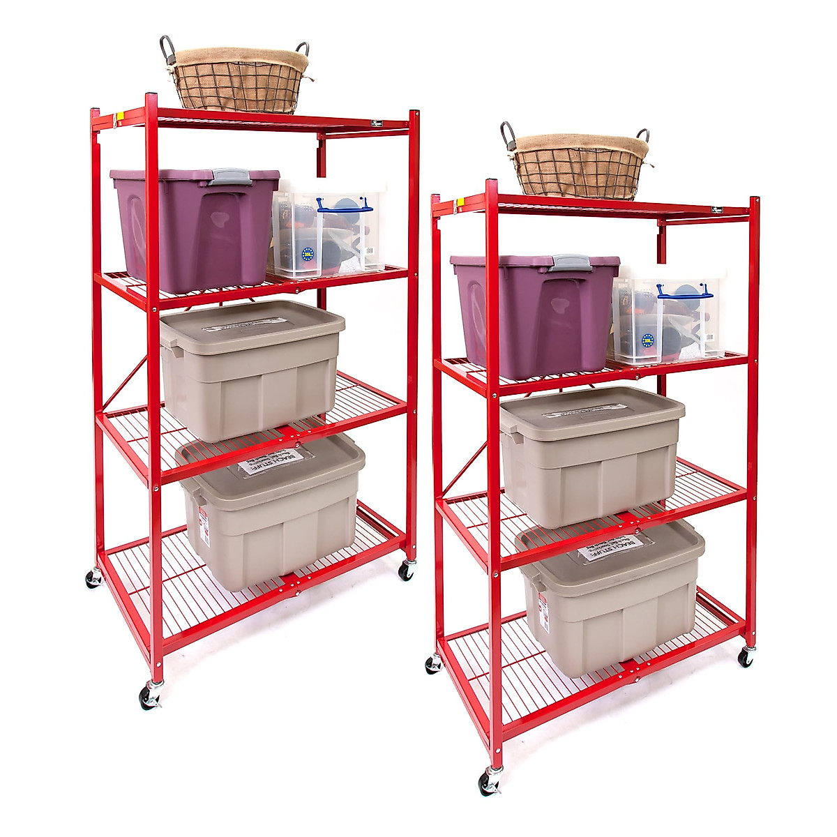 Origami R5 Foldable 4-Tier Garage Shelving Heavy Duty Shelving with Wheels, Metal Storage Rack Holds 1000 pounds, Garage Storage Rack & Organization, Storage Shelving (Red, R5 2-Pack)