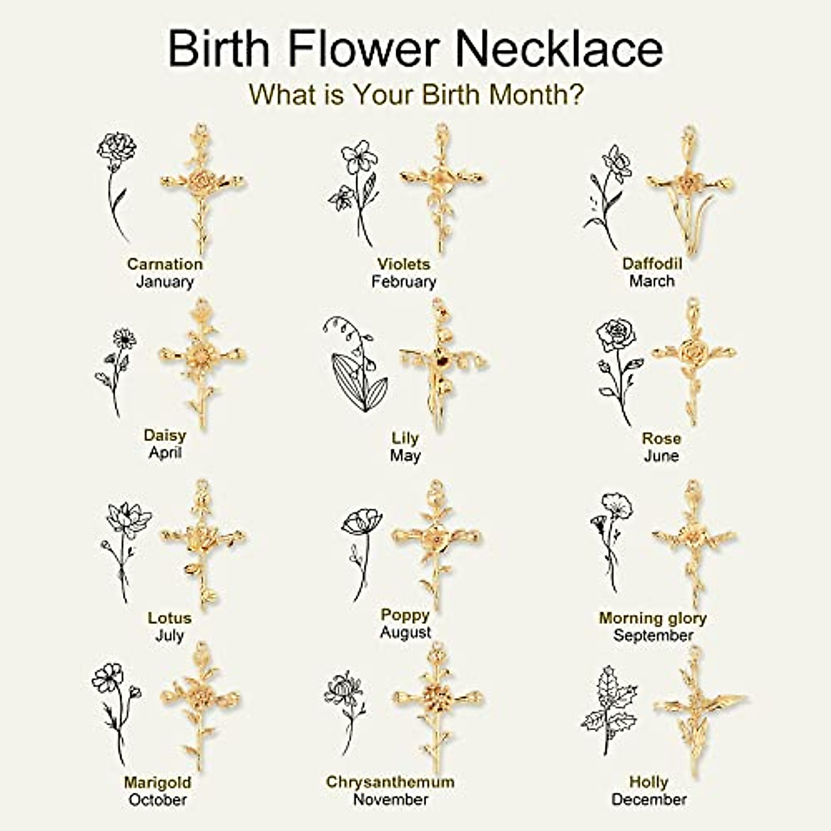 GDCOIN Birth Flower Necklace for Women 18K Gold Plated Cross Floral Pendant Necklaces Dainty 12 Month Birth Month Flower Necklace Personalized Jewelry Gift for Her(June-Rose)
