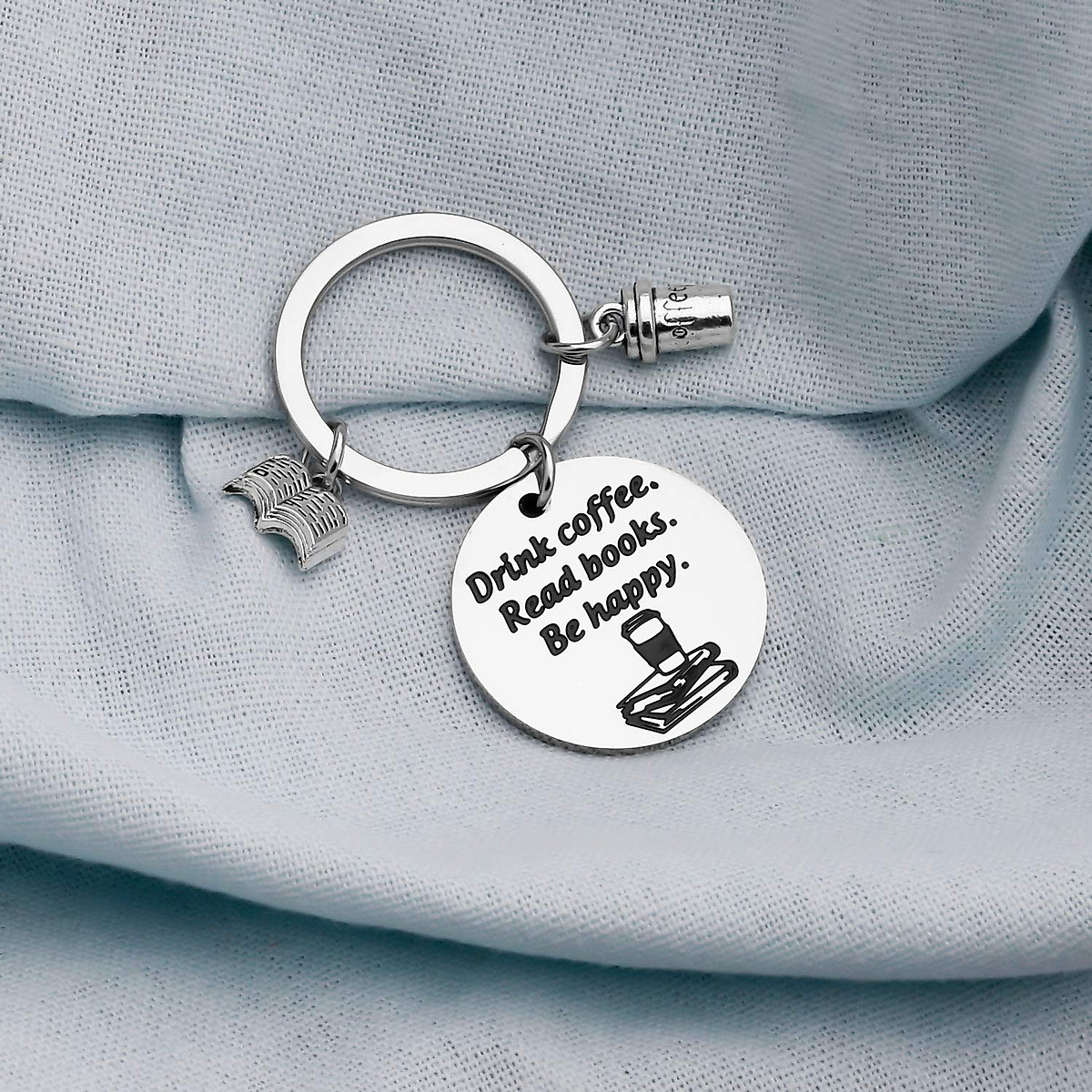 BEKECH Book Lovers Gift Coffee Lovers Gift Drink Coffee Read Books Be Happy Keychain Gift for Reading Lovers Bookworms Reader Book Club Gift Librarian Gift (silver)