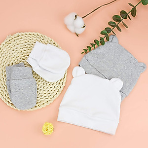 Dxhycc 4 Sets Newborn Baby Hats and Mittens, Baby Beanie Caps Hats and Scratch Mittens for Baby Boys Girls 0-3 Months