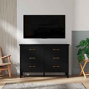 JOZZBY Dresser for Bedroom with 6 Drawers, Modern Black Dresser with Golden Handles, Wood Storage Organizer Chest of Drawers for Nursery, Hallway