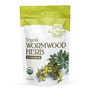 Halo Naturals Organic Wormwood Herb 4 oz Cut & Sifted (Artemisia absinthium) USDA Certified Organic Wormwood Tea | Non-GMO | Vegan| Resealable Pouch| Packaged in the USA (4 Ounces (Pack of 1))