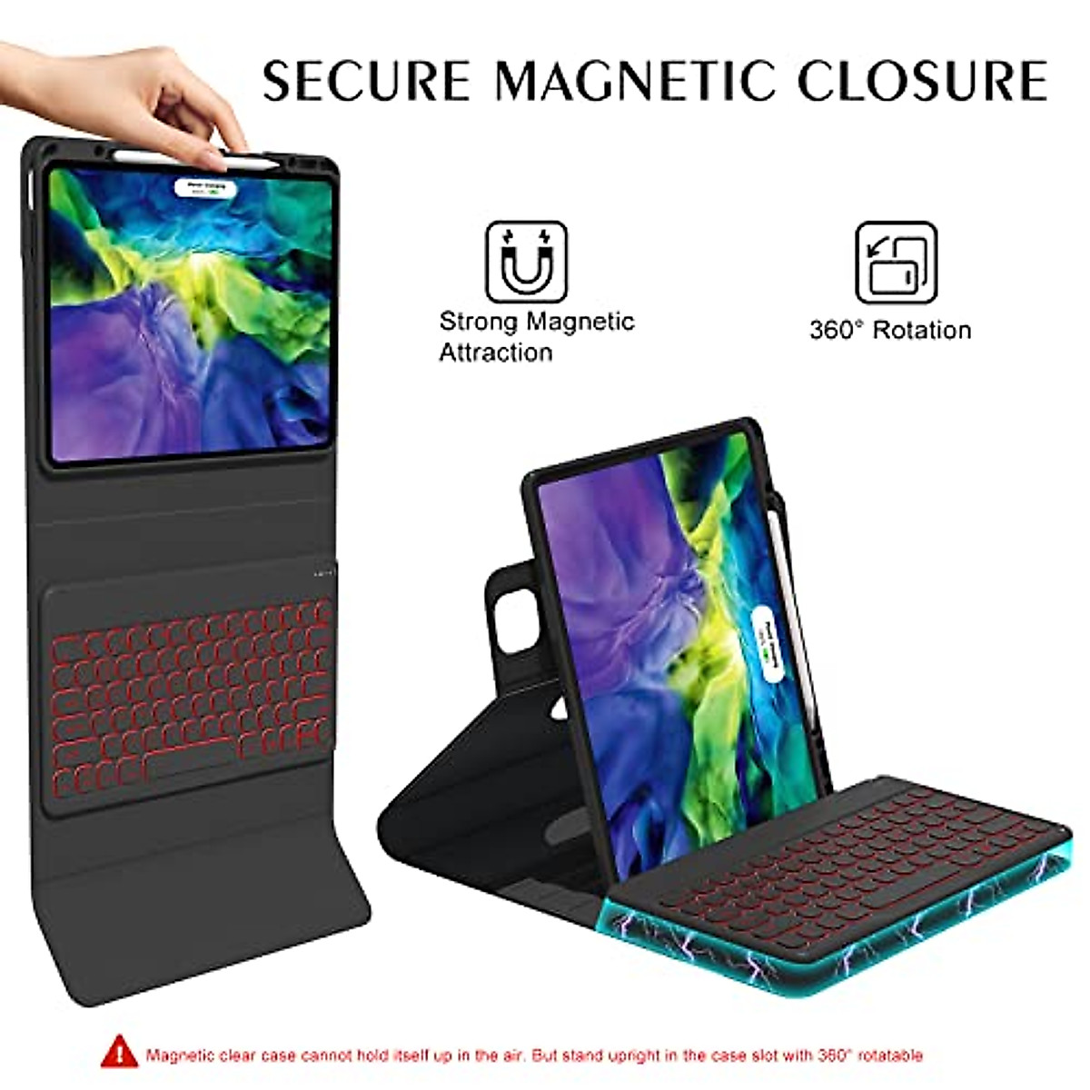 BOBOLEE Case Keyboard for iPad Pro 12.9 inch (6th, 5th, 4th, 3rd Gen), Wireless Detachable BT Backlit 7 Colors, 360° Rotatable Smart Folio Slim Cover Shell with Pen Holder