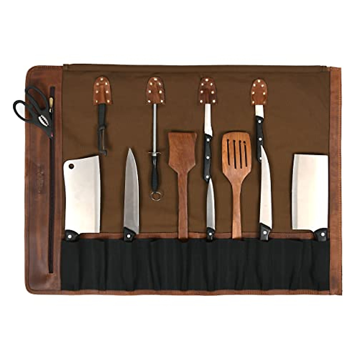 Leather Canvas Knife Roll Storage Bag Expandable 10 Pockets Detachable Shoulder Strap Travel-Friendly Chef Knife Case Roll By Aaron Leather Goods (Cleveland, Canvas Leather)