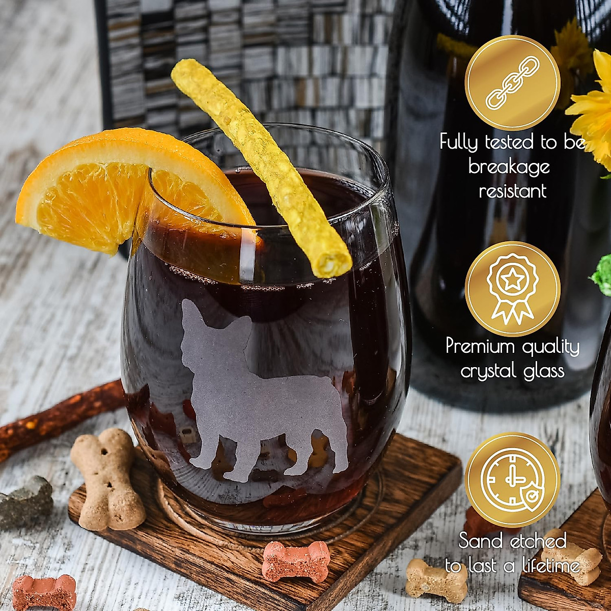 Greenline Goods French Bulldog Stemless Wine Glasses (Set of 2) - Unique for Dog Lovers - Etched 2-Sided Frenchie Silhouette with Breed Name on the Bottom