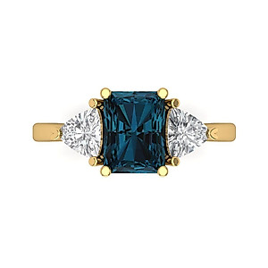 Clara Pucci 2.97ct Emerald Trillion cut 3 stone Solitaire Natural London Blue Topaz gemstone designer Modern Ring 14k Yellow Gold