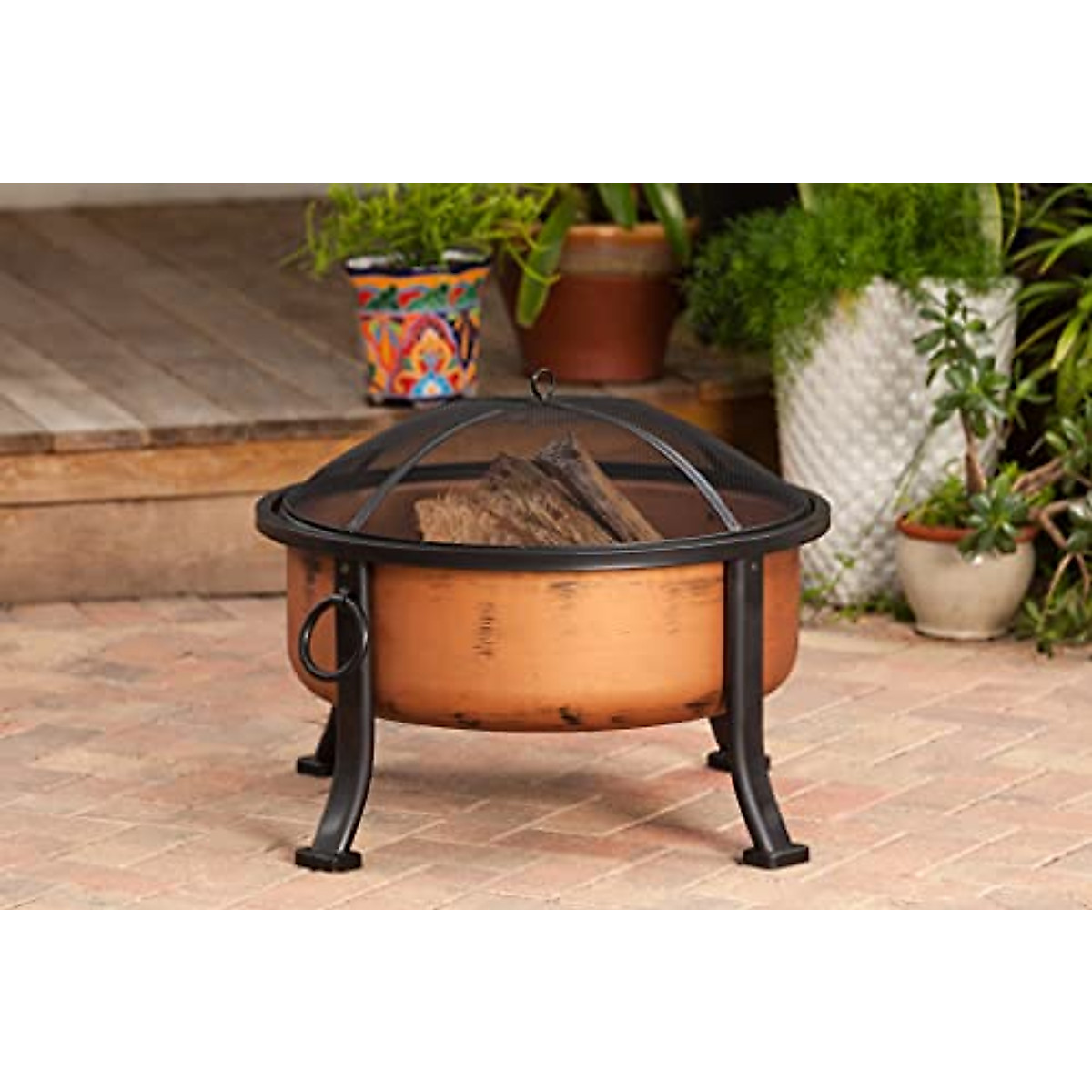 Fire Sense 62342 Lumina Round Wood Burning Fire Pit Copper Finish Steel Fire Bowl Mesh Spark Screen & Screen Lift Tool Included Lightweight Portable Patio & Outdoor Heater - Round - 24" Diameter