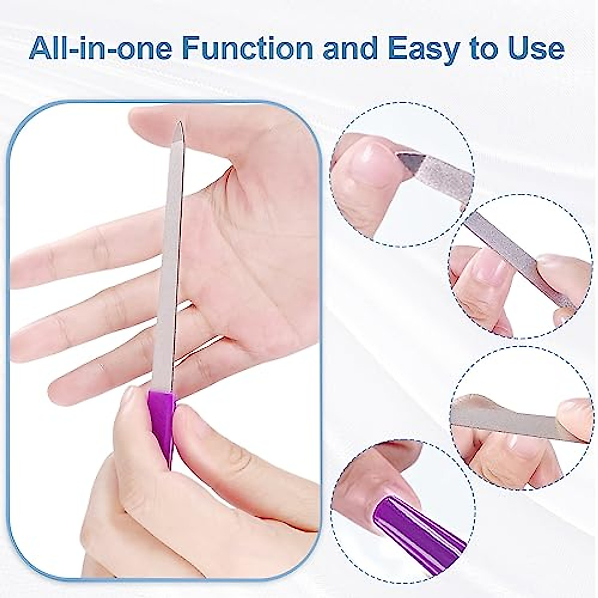 Nail Files for Natural Nails (6 PCs), Metal Nail Files Made of Stainless Steel with Sharp Pointed Tip Non Slip Handle, Double Sided Fingernail Files Sapphire Grit limas de uñas metálicas Color Purple