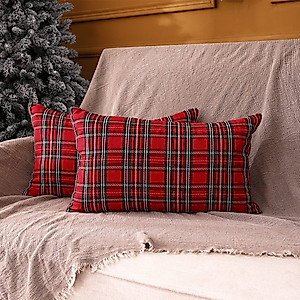 CARRIE HOME Red Tartan Plaid Christmas Lumbar Pillow Covers 12x20 Set of 2 Red Scottish Christmas Lumbar Throw Pillows Traditional Christmas Decor for Living Room Couch Sofa