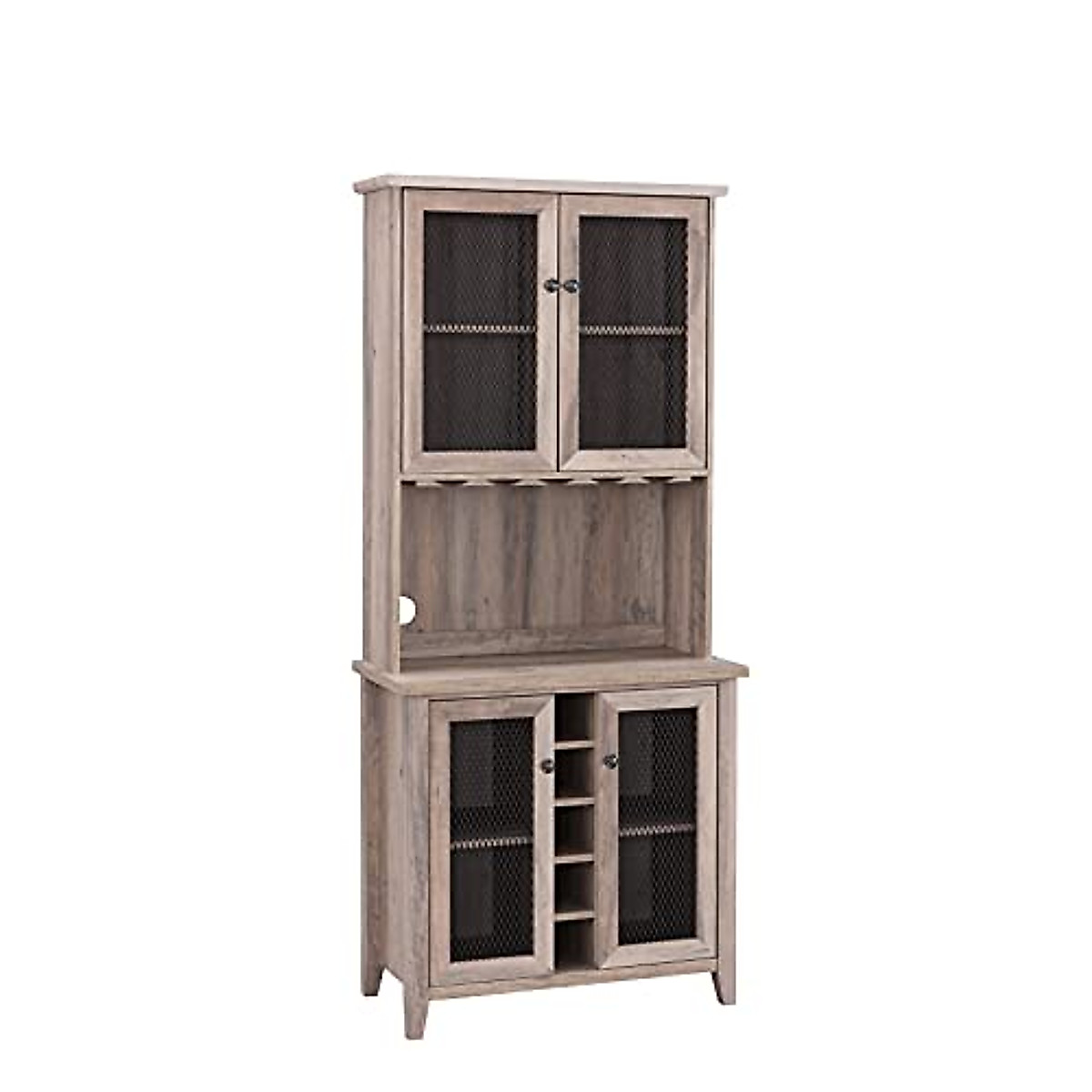 Home Source Jill Zarin Bar Cabinet in Grey Wash with Mesh Doors and Stem Glass Placement