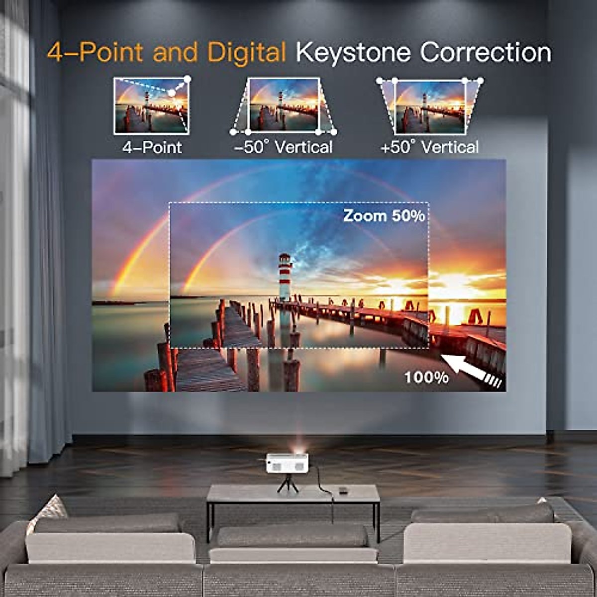 Projector with WiFi and Bluetooth, 2023 Upgraded VOPLLS 5G Native 1080P Projector, 380ANSI Outdoor Projector 4K Support, ±50°/4P/4D Keystone, 50% Zoom, Compatible with TV Box/USB/PC/iOS/Android Phone