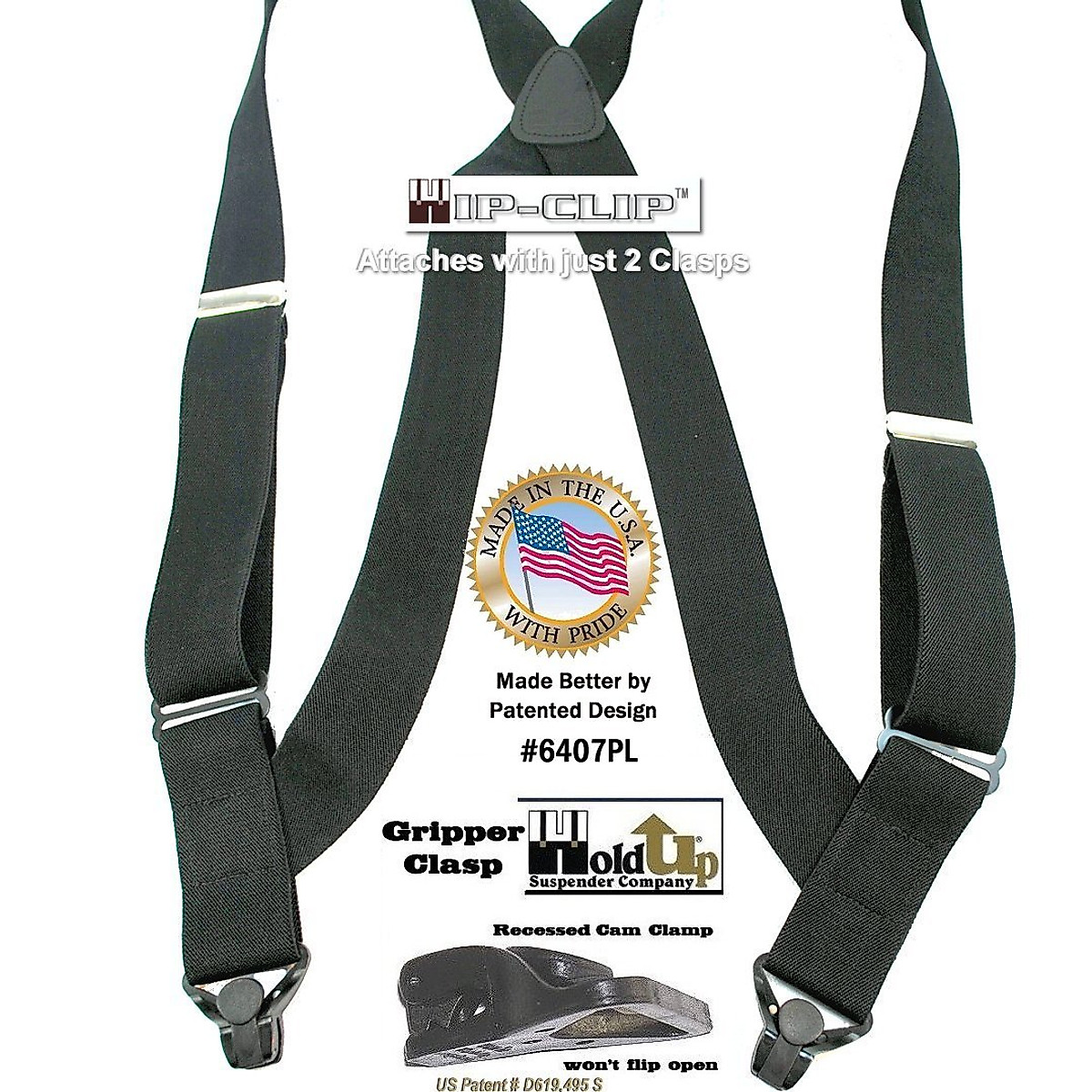 Hold-Up Hip-clip Style Suspenders for Men 1 1/2" Wide (Black/Plastic Clip)