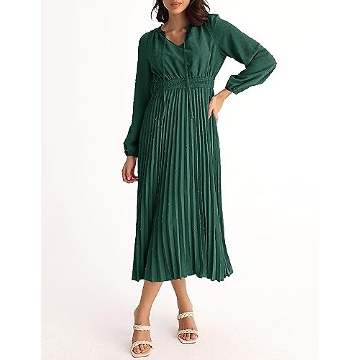 MEROKEETY Womens Elegant Long Lantern Sleeve V Neck Swiss Dot Ruffle Flowy Wedding Guest Dress,DarkGreen,M