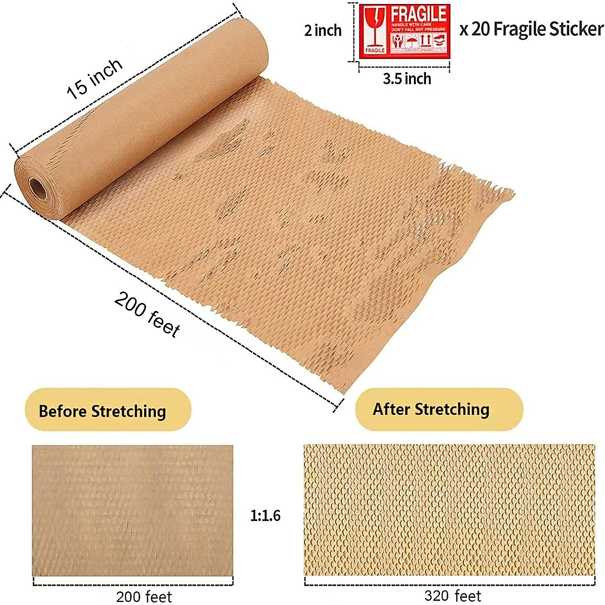 Honeycomb Packing Paper, 15"x200' Honeycomb Cushioning Bubble Wrap Paper Roll for Moving Shipping Breakables Packaging Gifts with 20 Fragile Sticker Biodegradable & Fully Recyclable Brown Kraft