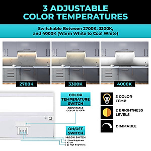 Magic Lite 24 Inch White LED Under Cabinet Lighting – Dimmable -3 Color Temperature Slide Switch – Warm White (2700K), Soft White (3000K), Cool White (4000K) - Plugged-in or Hardwired Installation
