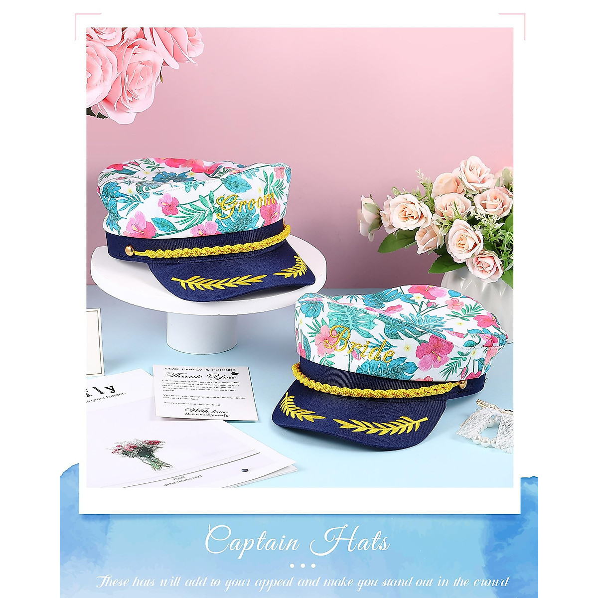 Skicuff 2 Pcs Bride Groom Captain's Hats for Bachelorette, Bridal Shower and Wedding Party