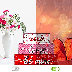 Valentines Day Decor Wooden Block Sign with LED Lights, Valentine Decor Wood Sign for Table Mantle, Valentine Gifts for Her Valentine Farmhouse Battery Operated Wood Sign Tabletop Tiered Tray Decor