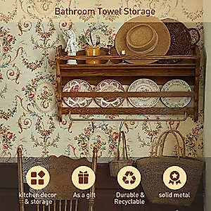 Wooden Rustic Floating Shelf, Wood Floating Shelf with Towel Holder and 5 Hooks, Farmhouse Wall Shelf for Dishes Books Mail Bill, Entryway Floating Shelf for Kitchen Bedroom Nursery Bathroom