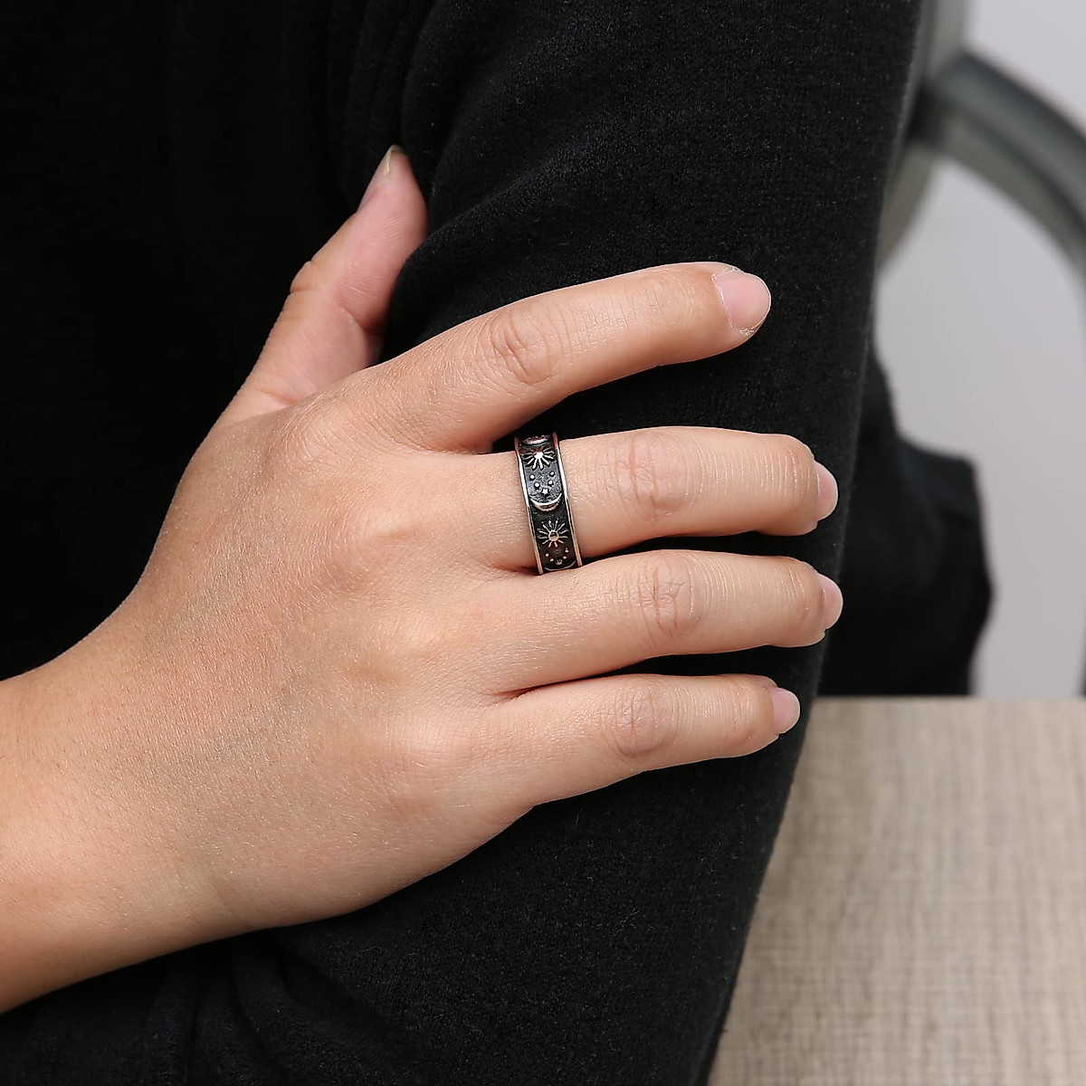 HZMAN 8mm Moon Star Sun Statement Ring Stainless Steel Boho Jewelry for Women Men (Silver, 7)