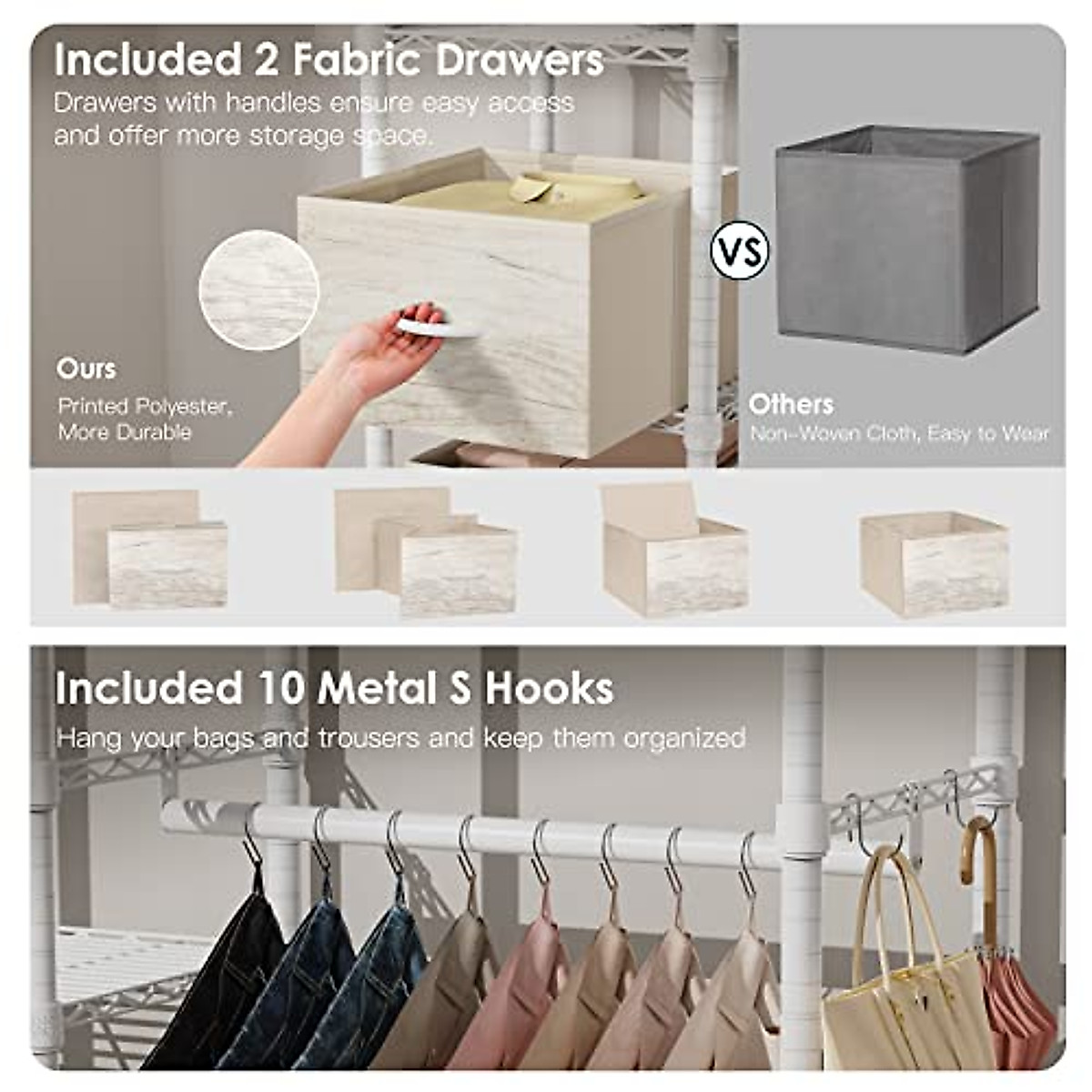 Memobarco Clothes-Rack, Metal Clothing-Rack, Heavy Duty Rolling Garment Rack with 4 Tiers Wire Shelving, 3 Hanging Rods & 2 Storage Drawers, Freestanding Portable Closet Wardrobe, White