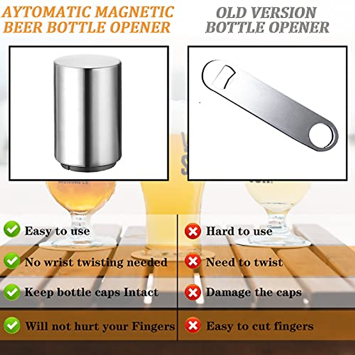 Premium Automatic Beer Bottle Opener (Stainless Steel), No Damage to Caps, Portable Push Down and Pop Off Magnetic Cap Catcher, QUICK Fun Bartender Openning Tool for Corkscrew Lid Home Bars Kitchen