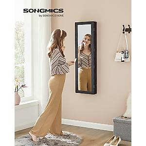 SONGMICS 6 LEDs Mirror Jewelry Cabinet, 47.2-Inch Tall Lockable Wall or Door Mounted Jewelry Armoire Organizer with Mirror, 2 Drawers, 3.9 x 14.6 x 47.2 Inches, Black UJJC093B01