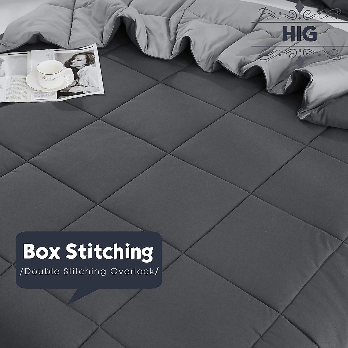 HIG 3pc Grey Queen Size Comforter Set - All Season Reversible Down Alternative Comforter with Two Shams - Quilted Duvet Insert with Corner Tabs - Box Stitched Blanket - Breathable, Soft